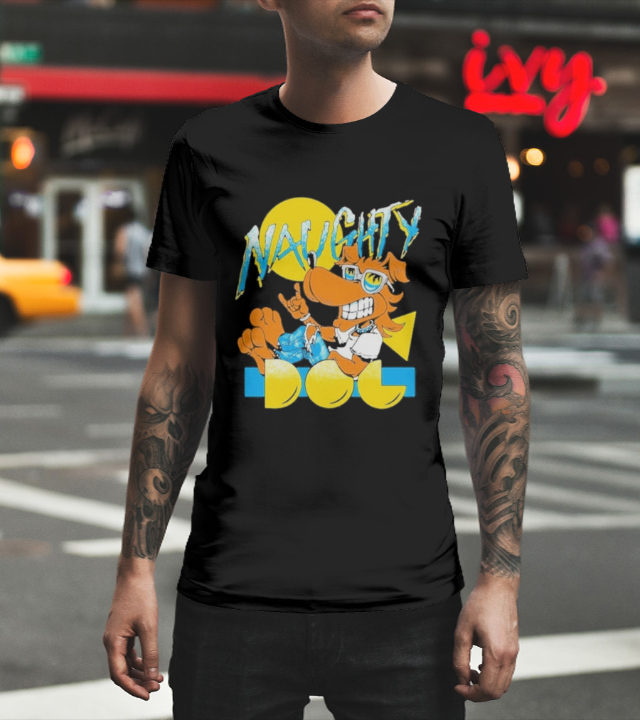 Naughty Dog Retro Cartoon Character With Sunglasses And Sunburst T-Shirt