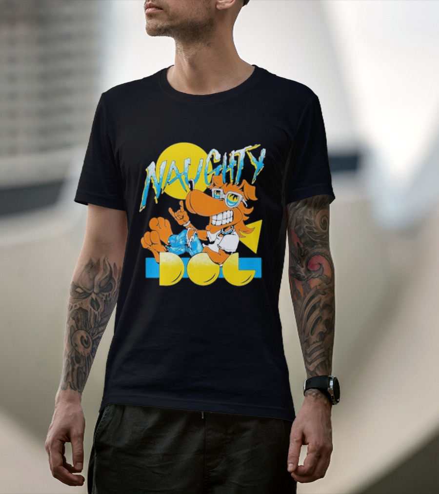 Naughty Dog Retro Cartoon Character With Sunglasses And Sunburst T-Shirt