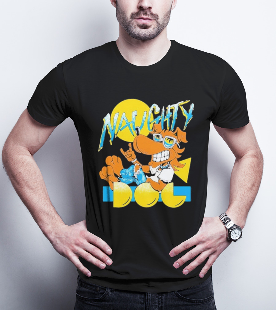 Naughty Dog Retro Cartoon Character With Sunglasses And Sunburst T-Shirt