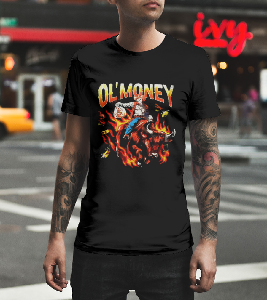 Ol' Money RSN Brand Skeleton Cowboy Riding Flaming Bull T-Shirt