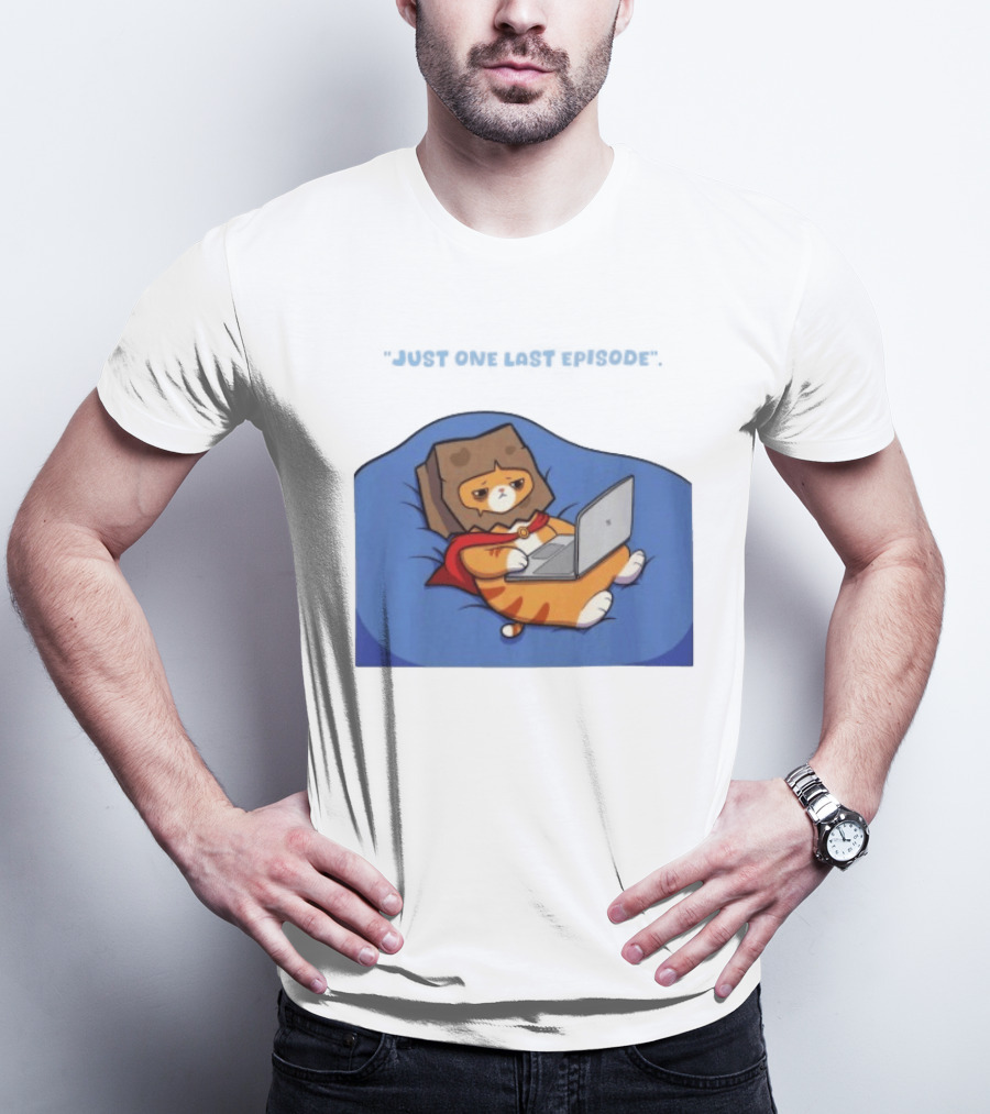 Cat Relaxing With Laptop Wearing Paper Bag Just One Last Episode T-Shirt