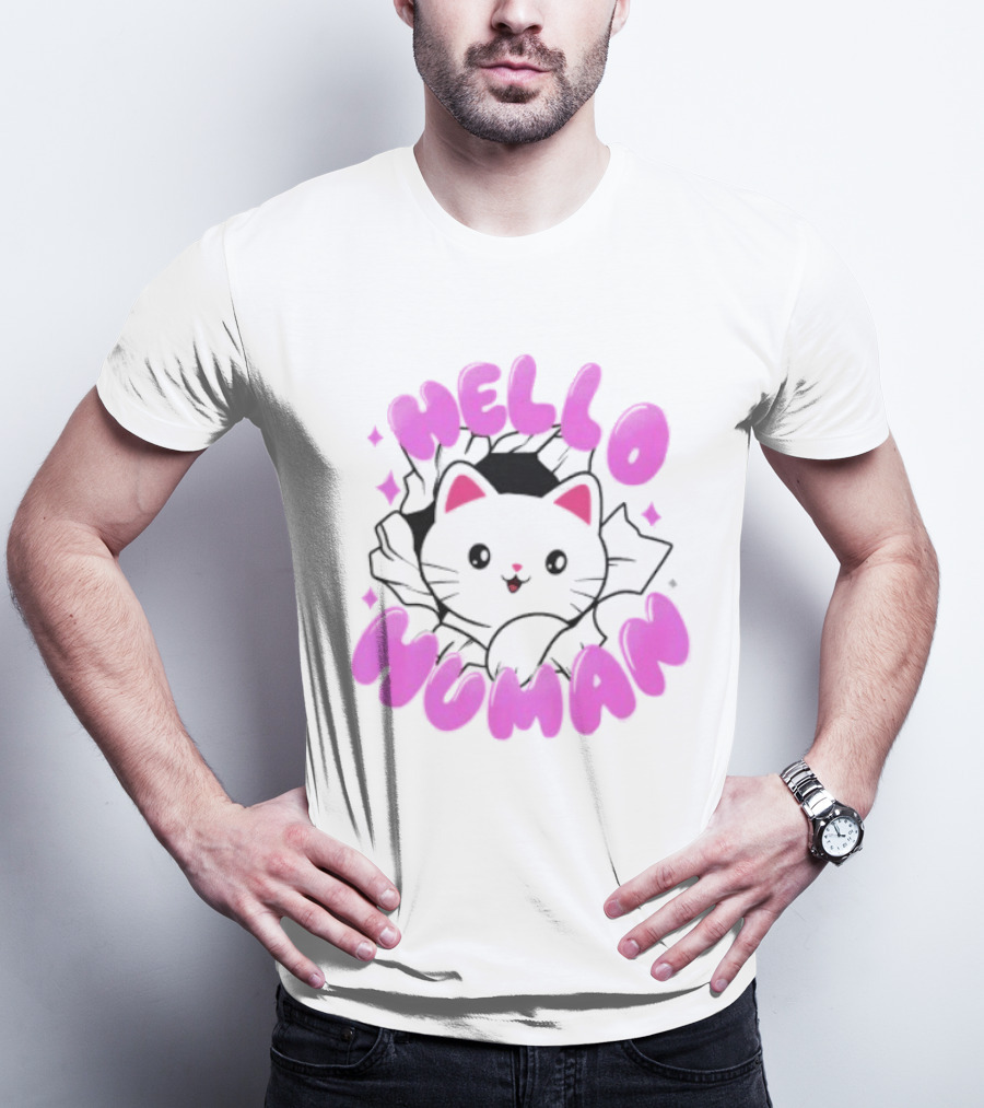 Hello Human Kawaii Cat Kitten Cute Pink T-Shirt