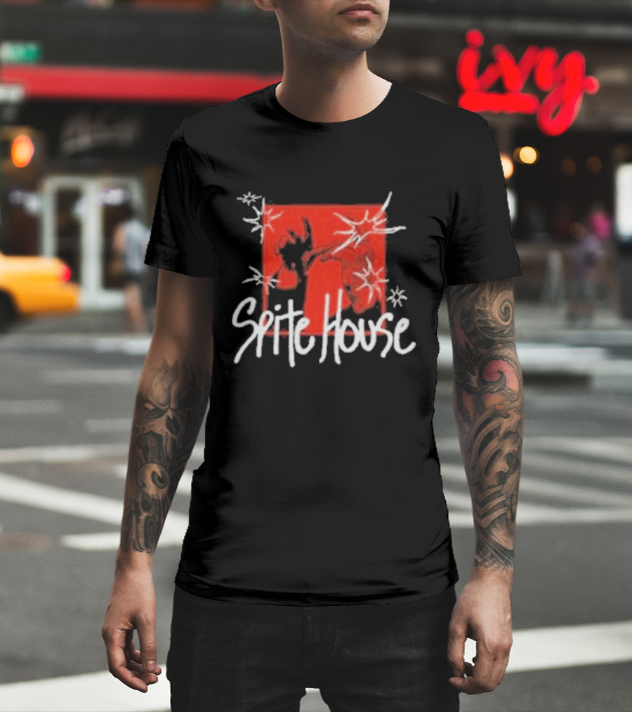 Spite House Red Square Sketch Art With Hands And Starburst T-Shirt