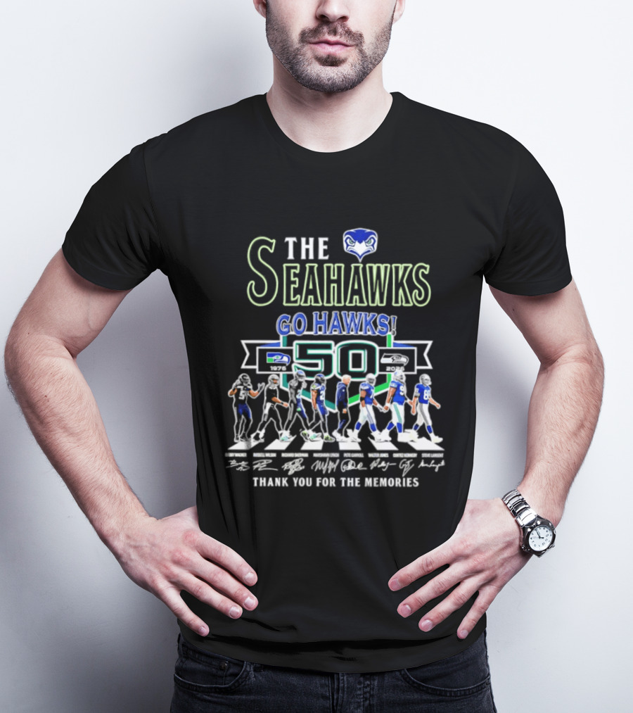 The Seahawks Go Hawks 50th Anniversary Thank You For The Memories 1976 2026 Signatures T-Shirt