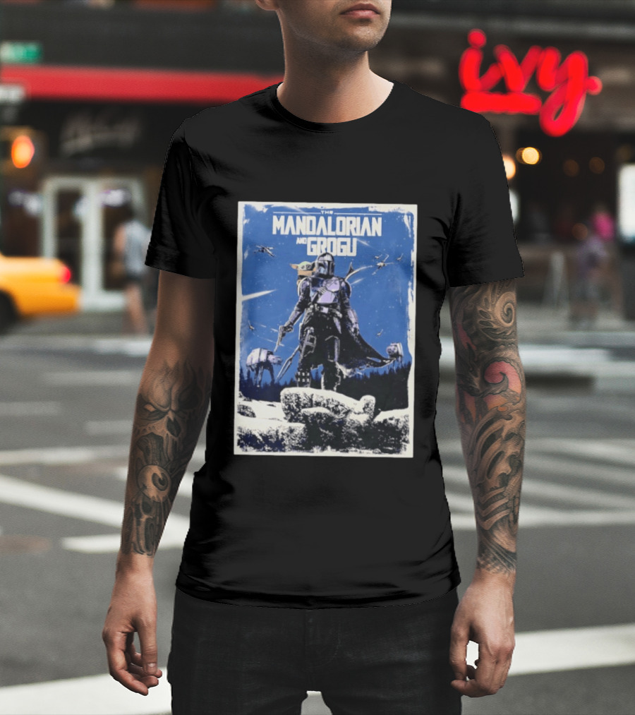 The Mandalorian And Grogu Star Wars Baby Yoda Scene With AT AT And X Wings T-Shirt