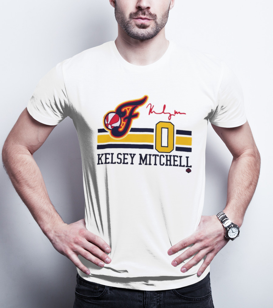 Kelsey Mitchell Indiana Fever No. 0 F Logo And Signature T-Shirt