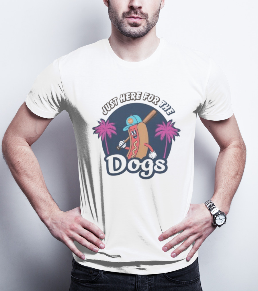 Just Here For The Dogs Cartoon Hot Dog Baseball Palm Trees T-Shirt