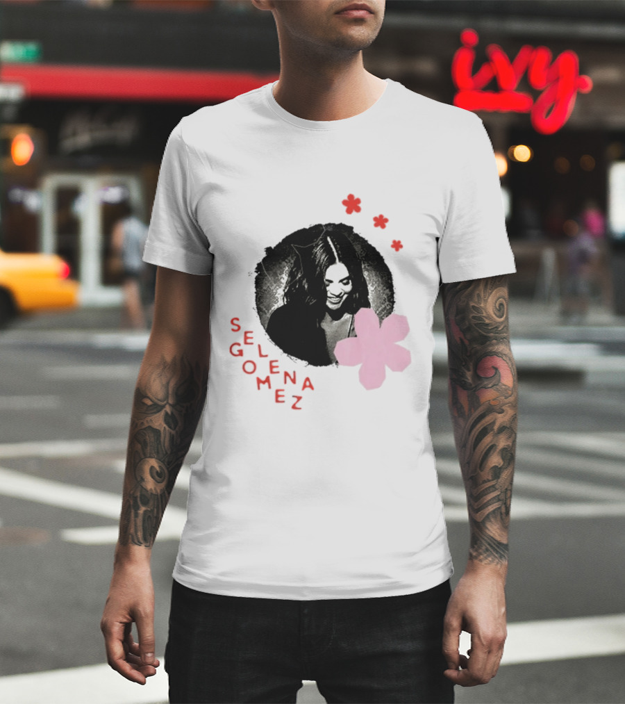 Selena Gomez Smile With Pink Paper Flower And Red T-Shirt