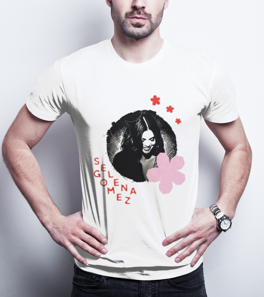 Selena Gomez Smile With Pink Paper Flower And Red T-Shirt