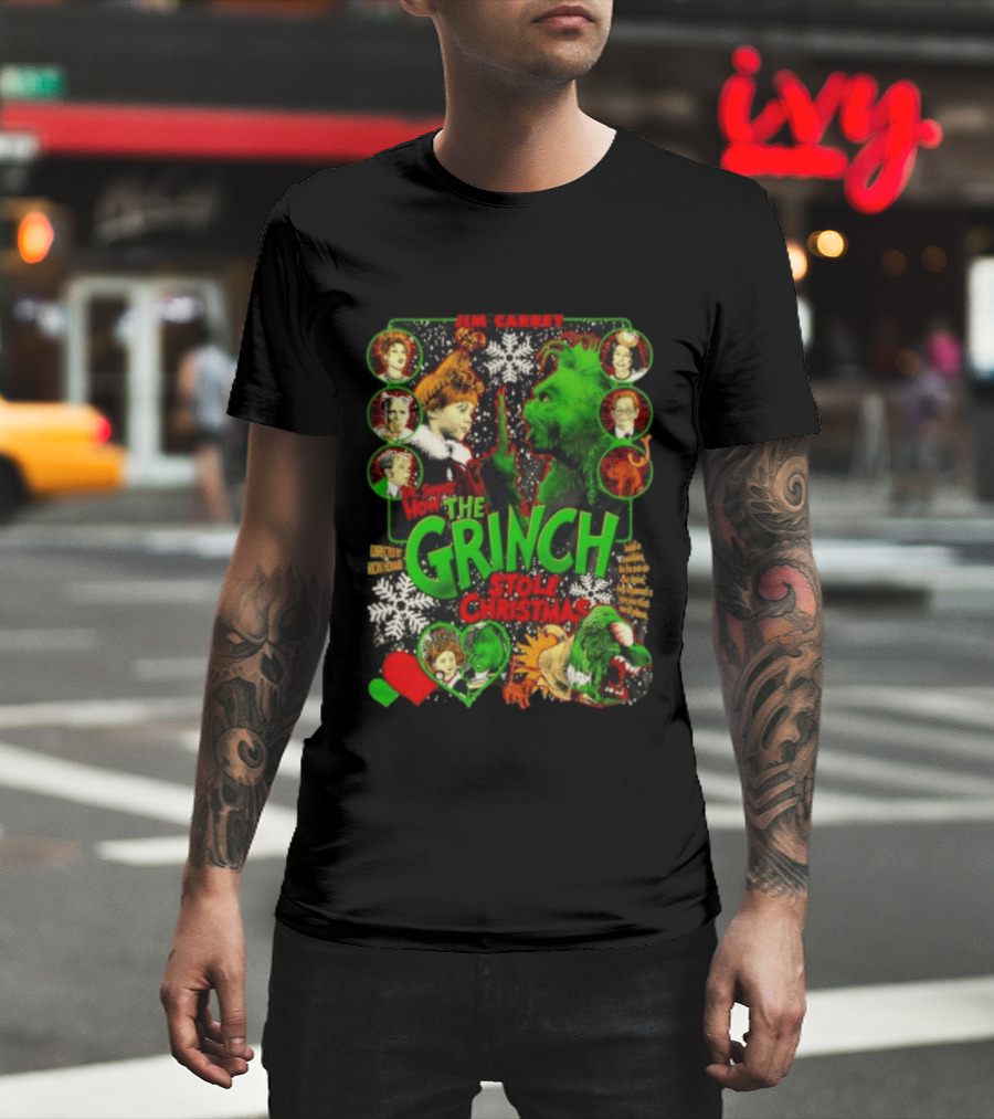 Jim Carrey Dr Seuss How The Grinch Stole Christmas Movie With Characters And Snowflakes T-Shirt