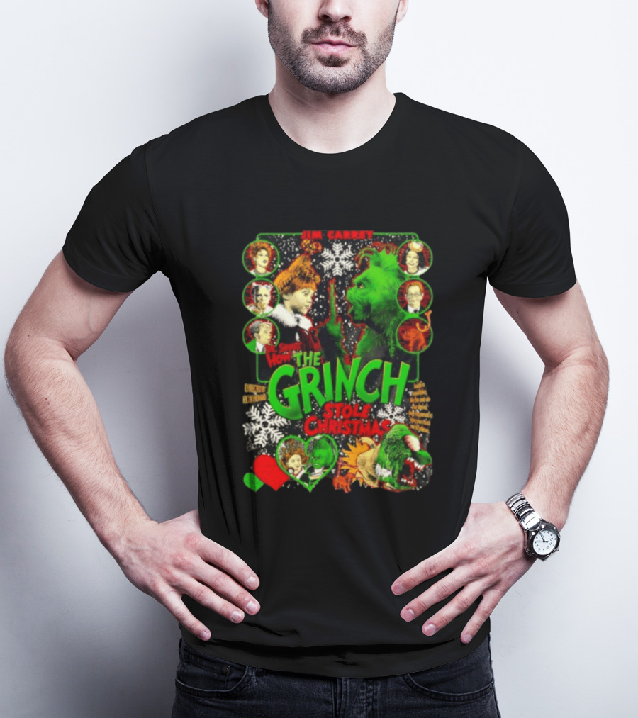 Jim Carrey Dr Seuss How The Grinch Stole Christmas Movie With Characters And Snowflakes T-Shirt