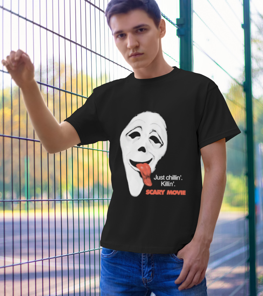 Just Chillin' Killin' Scary Movie Ghostface Mask With Red Tongue T-Shirt