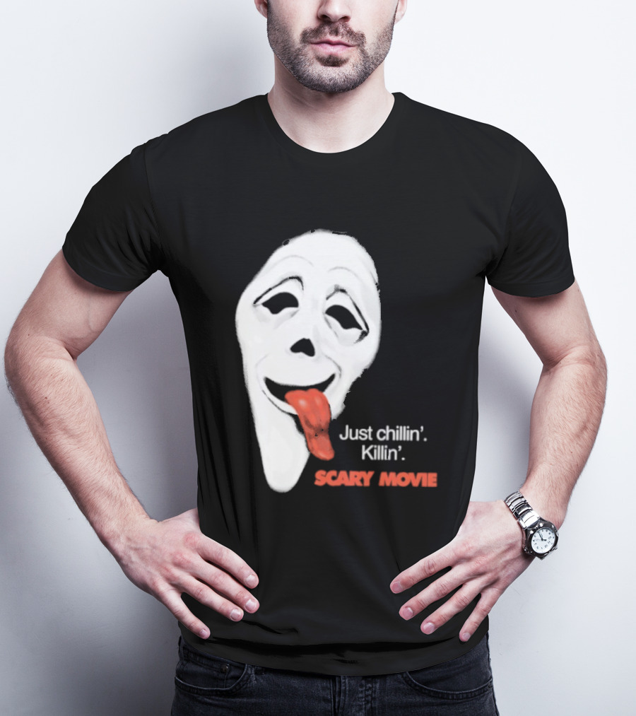 Just Chillin' Killin' Scary Movie Ghostface Mask With Red Tongue T-Shirt