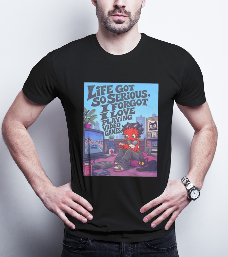 Life Got So Serious I Forgot I Love Playing Video Games City Room Scene Retro Character And Cat T-Shirt