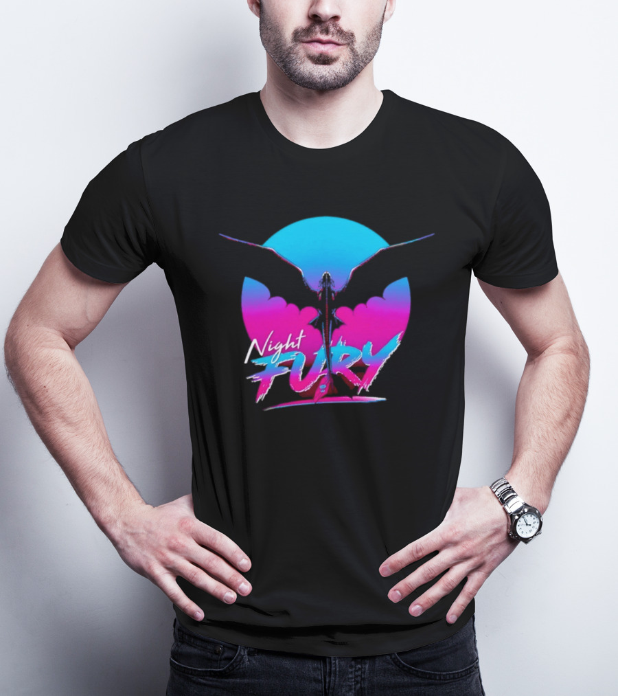 Night Fury Dragon Silhouette Neon Blue And Pink T-Shirt
