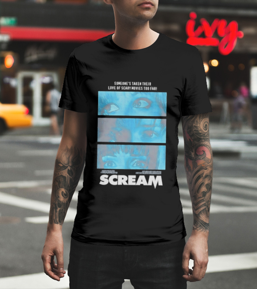 Someone's Taken Their Love Of Scary Movies Too Far Scream Eyes Dramatic Blue Panels T-Shirt