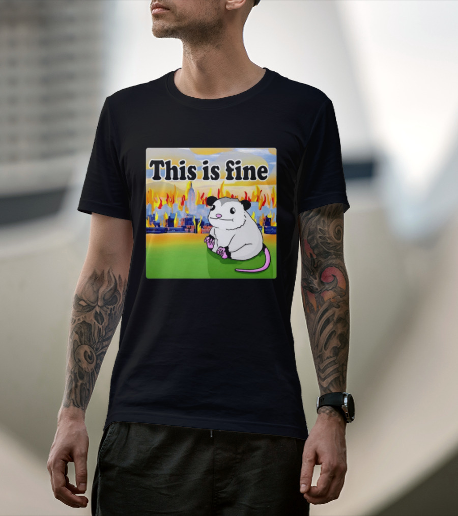 This Is Fine Opossum New York City NYC Urban Skyline Flames T-Shirt