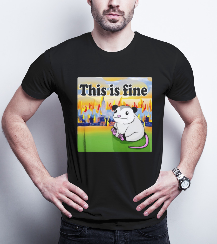 This Is Fine Opossum New York City NYC Urban Skyline Flames T-Shirt