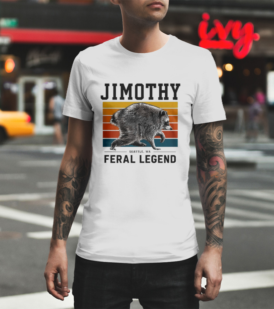 Jimothy Feral Legend Seattle WA Raccoon Vintage Stripes T-Shirt