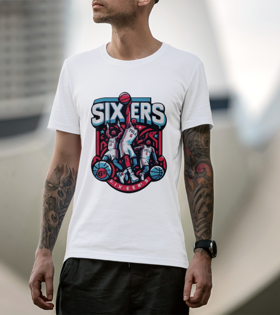 Philadelphia Sixers 2026 NBA Collage Featuring Number 6 Phila Basketball Player T-Shirt