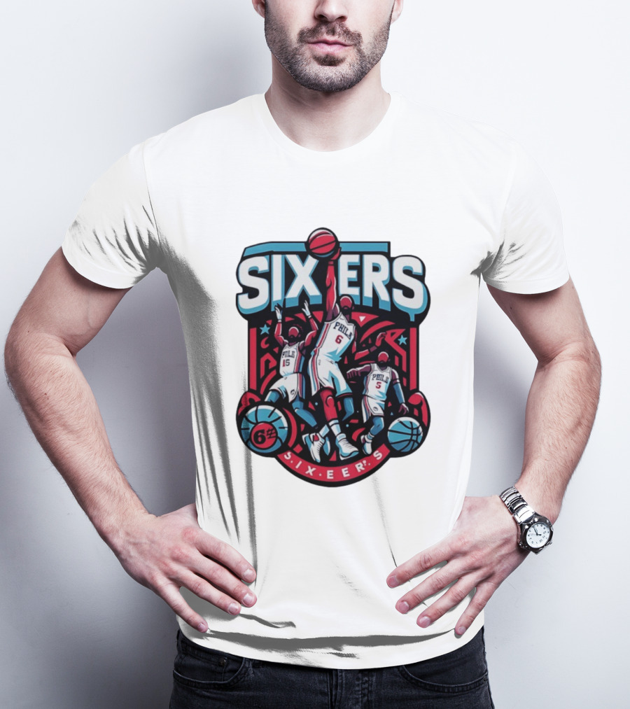 Philadelphia Sixers 2026 NBA Collage Featuring Number 6 Phila Basketball Player T-Shirt