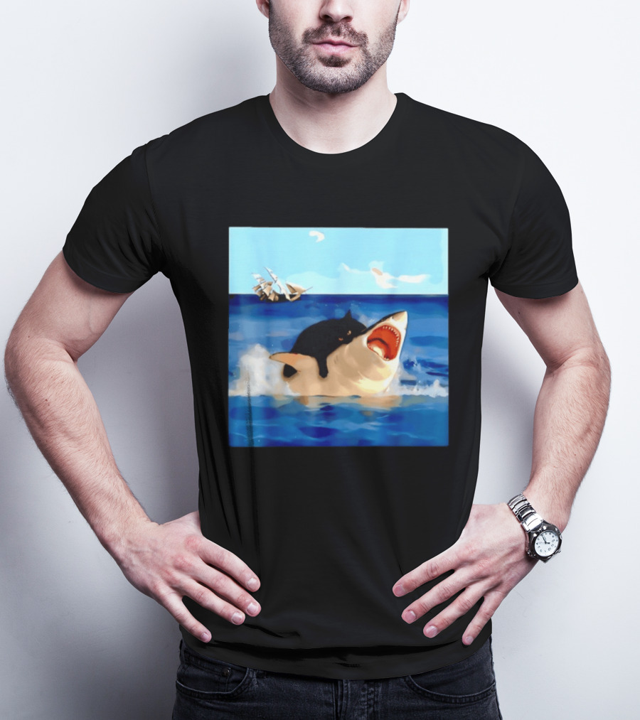 Black Cat Riding Great White Shark With Ocean And Sailing Ship T-Shirt