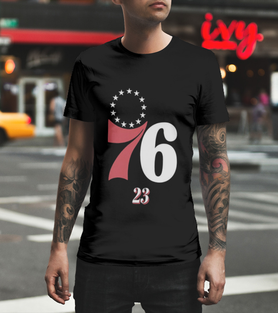 Philadelphia 76ers LeBron James 23 In The Paint Name And Number Royal 76ers T-Shirt