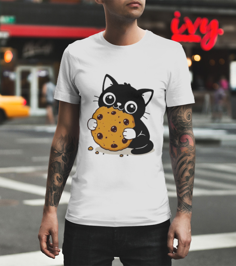 Black Cat Holding Chocolate Chip Cookie T-Shirt