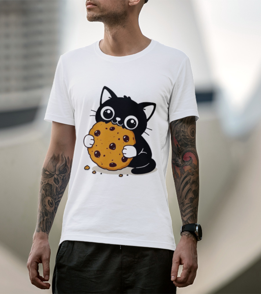 Black Cat Holding Chocolate Chip Cookie T-Shirt