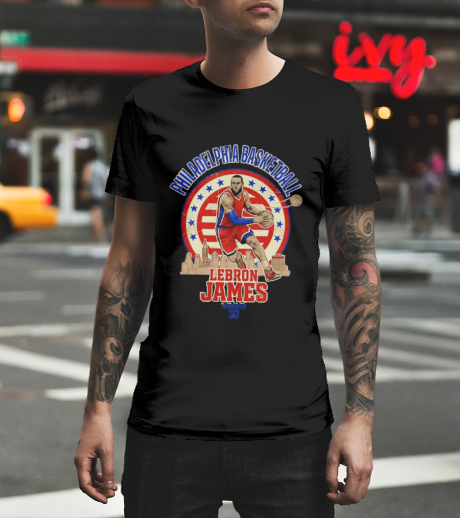 Philadelphia Basketball LeBron James City Skyline Player Red And Blue T-Shirt