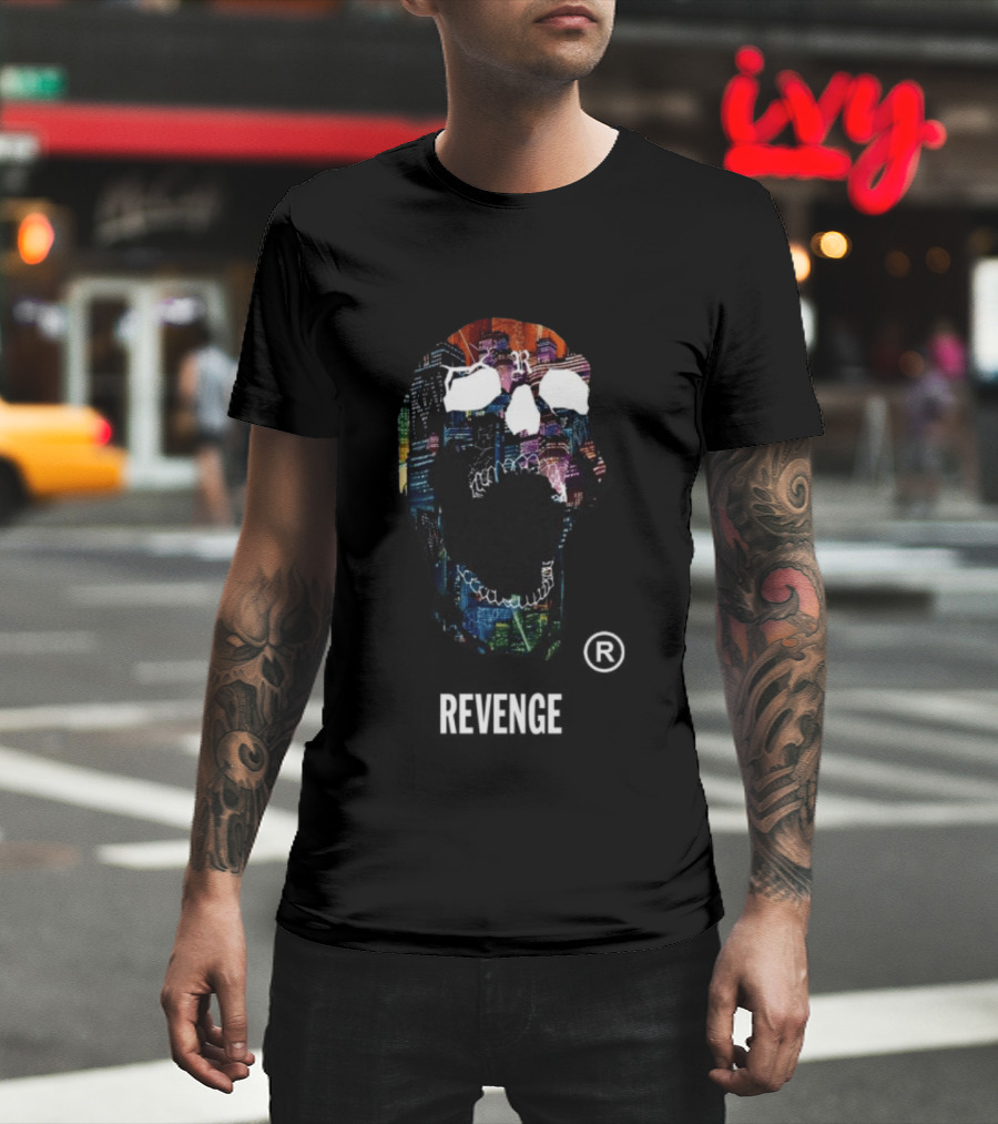 Revenge Neon Skull Cityscape Lights Black T-Shirt