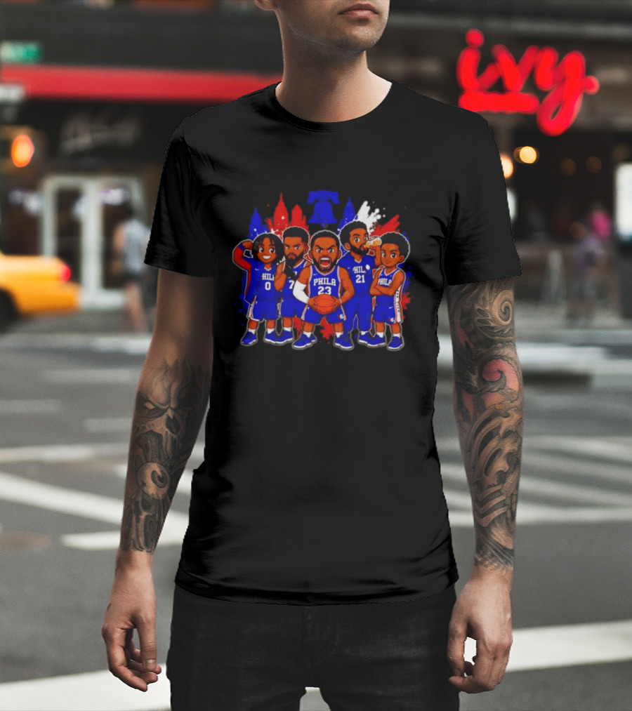 Philadelphia 76ers Cartoon Players With Liberty Bell Skyline T-Shirt