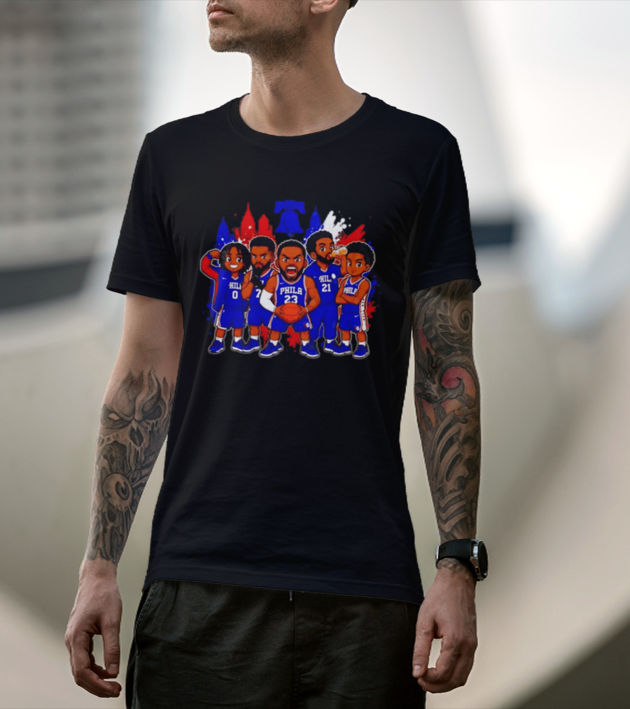 Philadelphia 76ers Cartoon Players With Liberty Bell Skyline T-Shirt