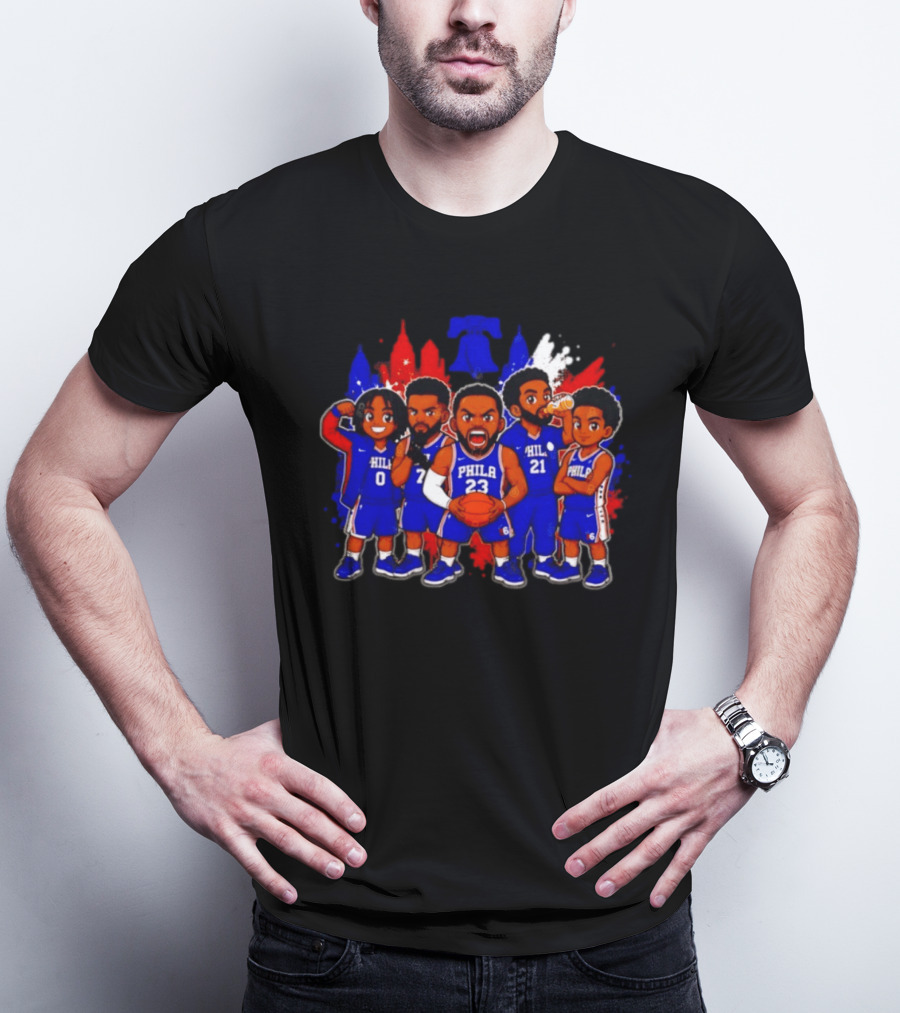 Philadelphia 76ers Cartoon Players With Liberty Bell Skyline T-Shirt