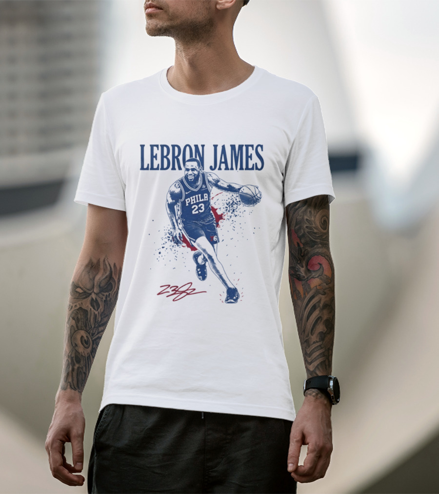 LeBron James 23 Philly Basketball Blue And Red Splash T-Shirt