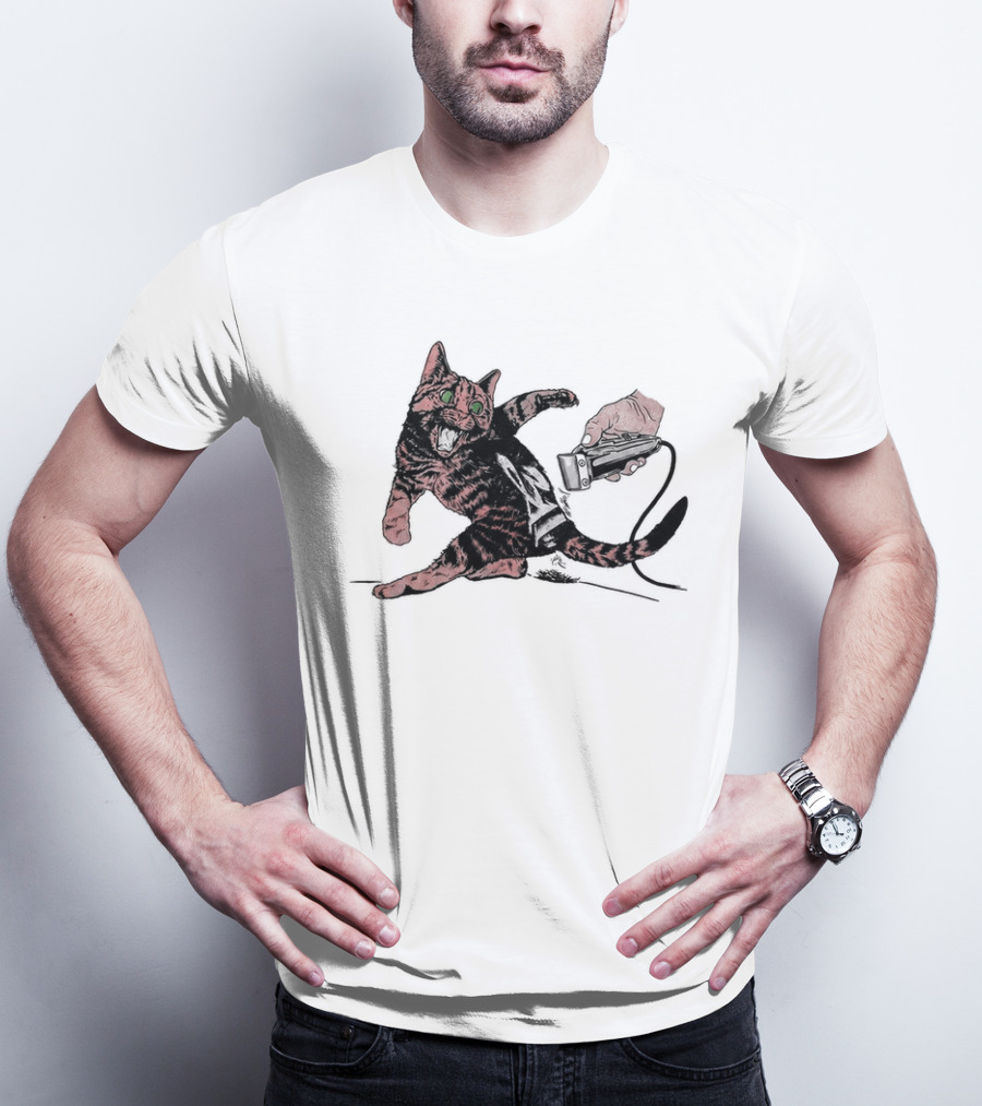 Shaving Cat Crazy Tabby Pet Grooming Clipper Reaction T-Shirt