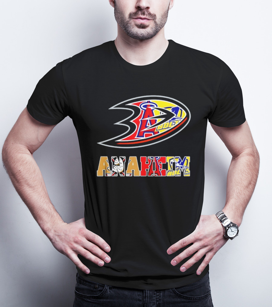 Anaheim Ducks Los Angeles Angels Anaheim Bolts Collage Anaheim Text And Logos T-Shirt