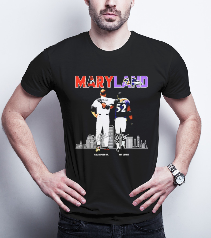 Maryland Cal Ripken Jr 8 Baltimore Orioles Ray Lewis 52 Baltimore Ravens Skyline T-Shirt