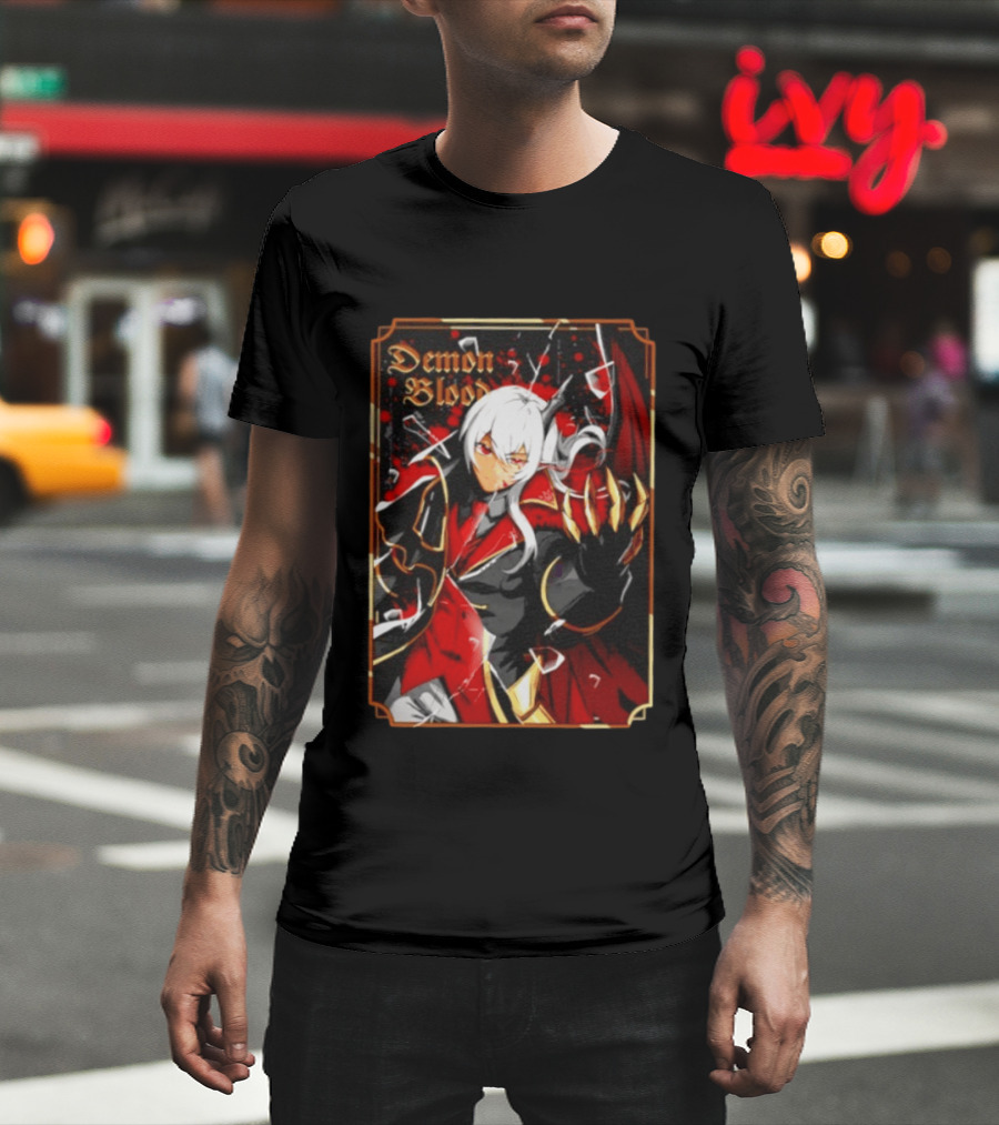Demon Blood Anime Fantasy Dark Character Design With White Hair And Red Accents T-Shirt