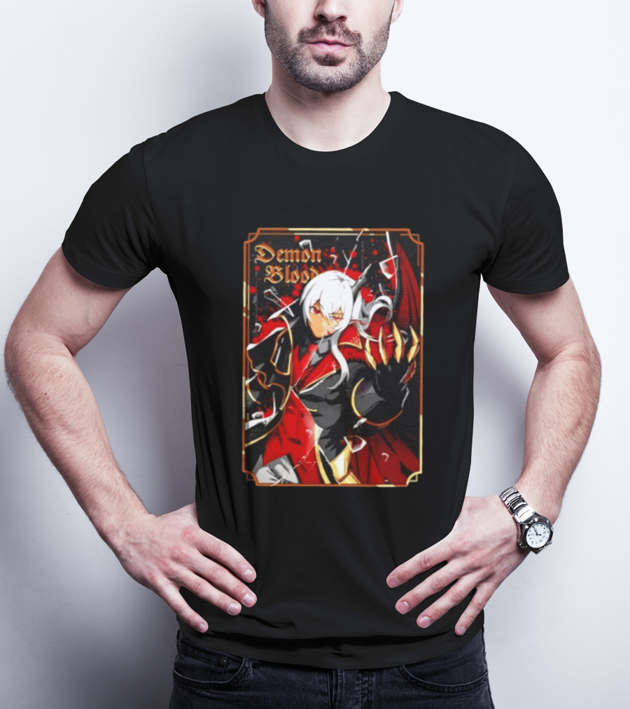 Demon Blood Anime Fantasy Dark Character Design With White Hair And Red Accents T-Shirt