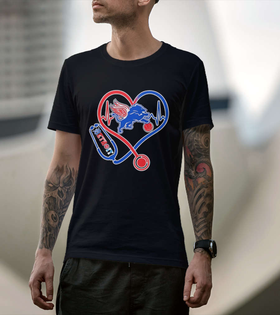 Detroit Heartbeat Stethoscope Lion Playing Basketball T-Shirt