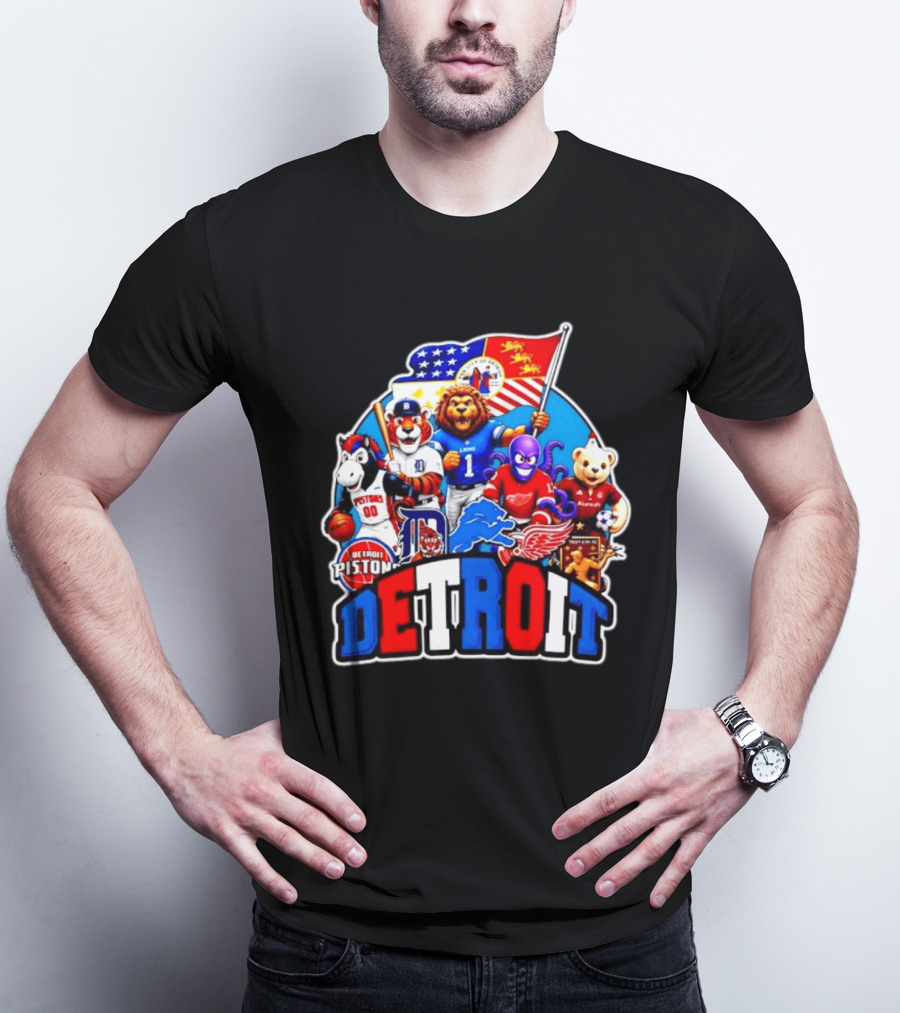 Detroit Lions Tigers Pistons Red Wings Mascots With Flag T-Shirt