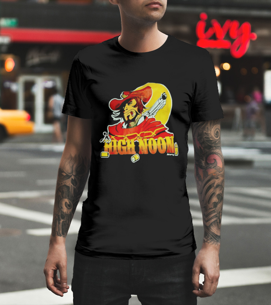 It's High Noon Cowboy With Red Cape And Pistol In Front Of Yellow Sun T-Shirt