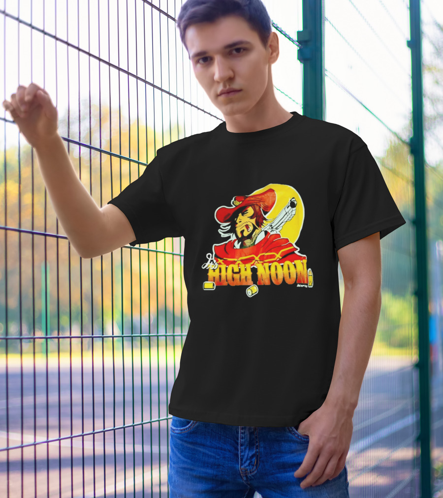 It's High Noon Cowboy With Red Cape And Pistol In Front Of Yellow Sun T-Shirt