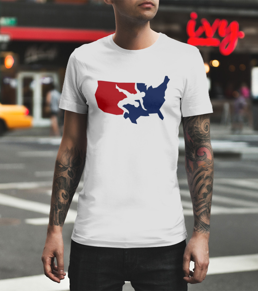 USA Wrestling Map Silhouette Red Blue T-Shirt