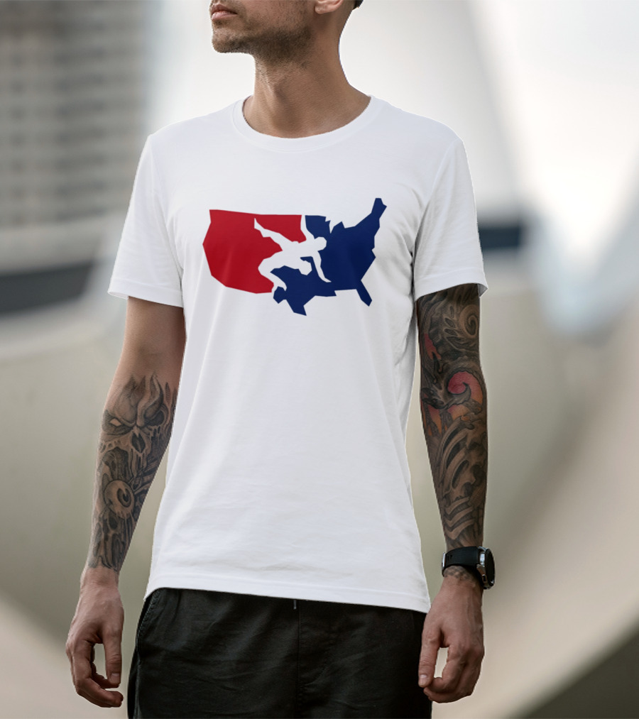 USA Wrestling Map Silhouette Red Blue T-Shirt