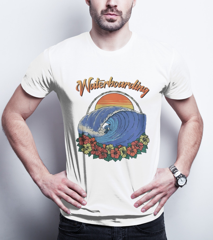 Waterboarding Surfing Tropical Hibiscus Flower Sunset Wave T-Shirt