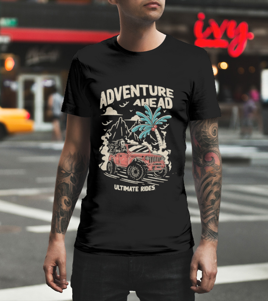 Adventure Ahead Ultimate Rides Jeep Beach Palm Trees Mountain T-Shirt