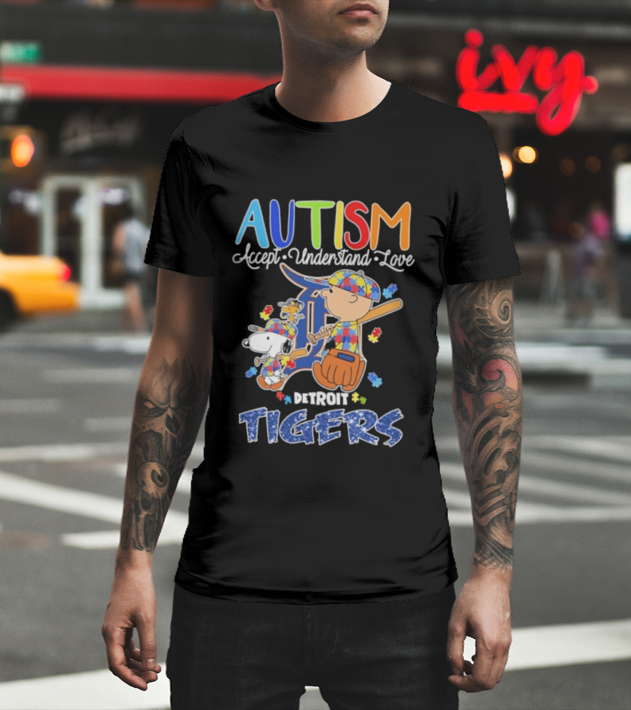 Autism Accept Understand Love Snoopy Charlie Brown Detroit Tigers T-Shirt
