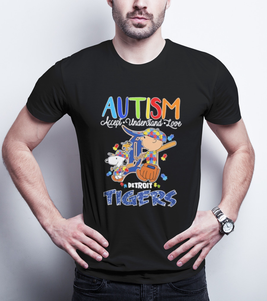 Autism Accept Understand Love Snoopy Charlie Brown Detroit Tigers T-Shirt